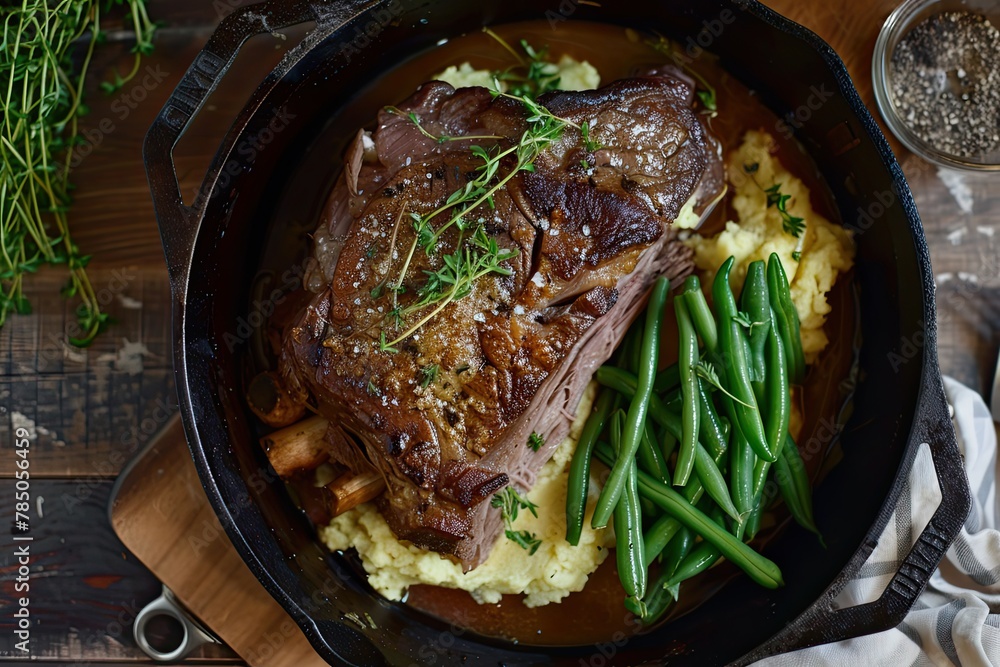 Pot roast in a cast iron dutch oven, green beans and mushed potato ...