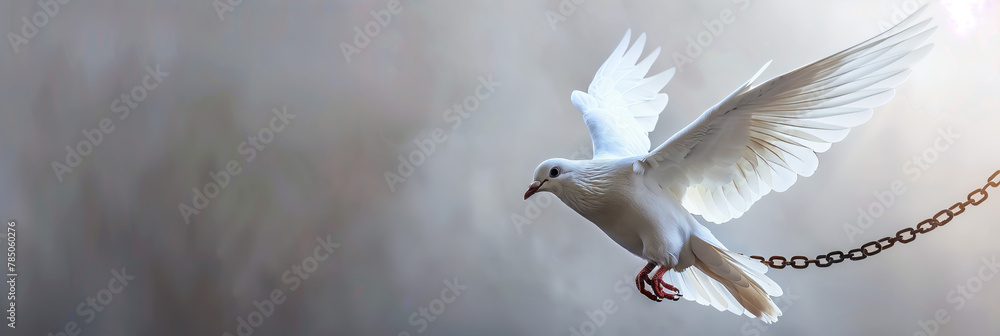A majestic white dove spreads its wings, breaking free from the ...