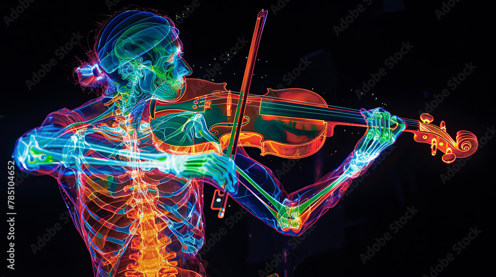 Sideprofile Xray of a violinist, arms raised, with neon green and ...