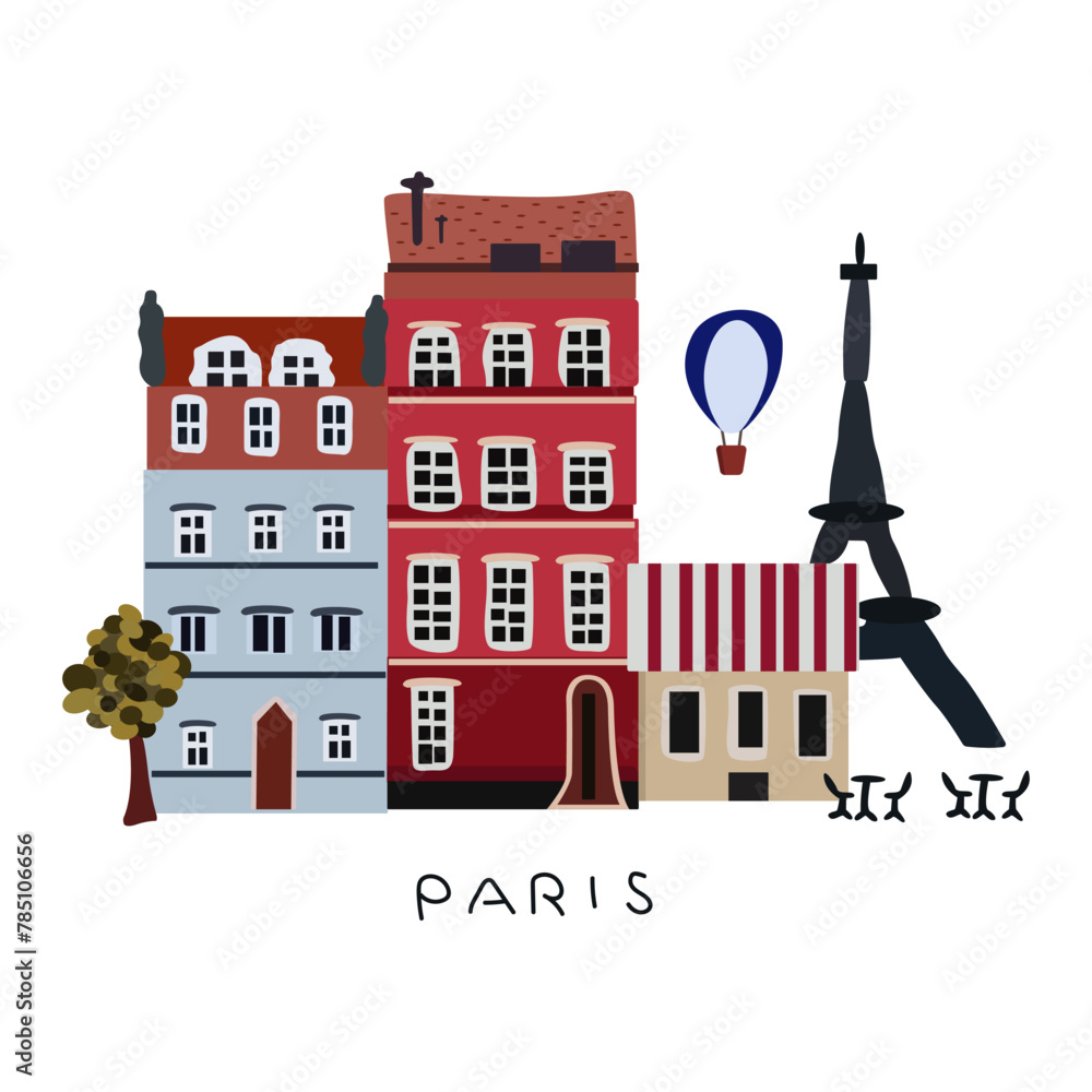 Beautiful vintage colored buildings of Paris, vector travel poster ...