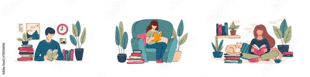 Set of people vector illustrations reading book. Men and women read ...