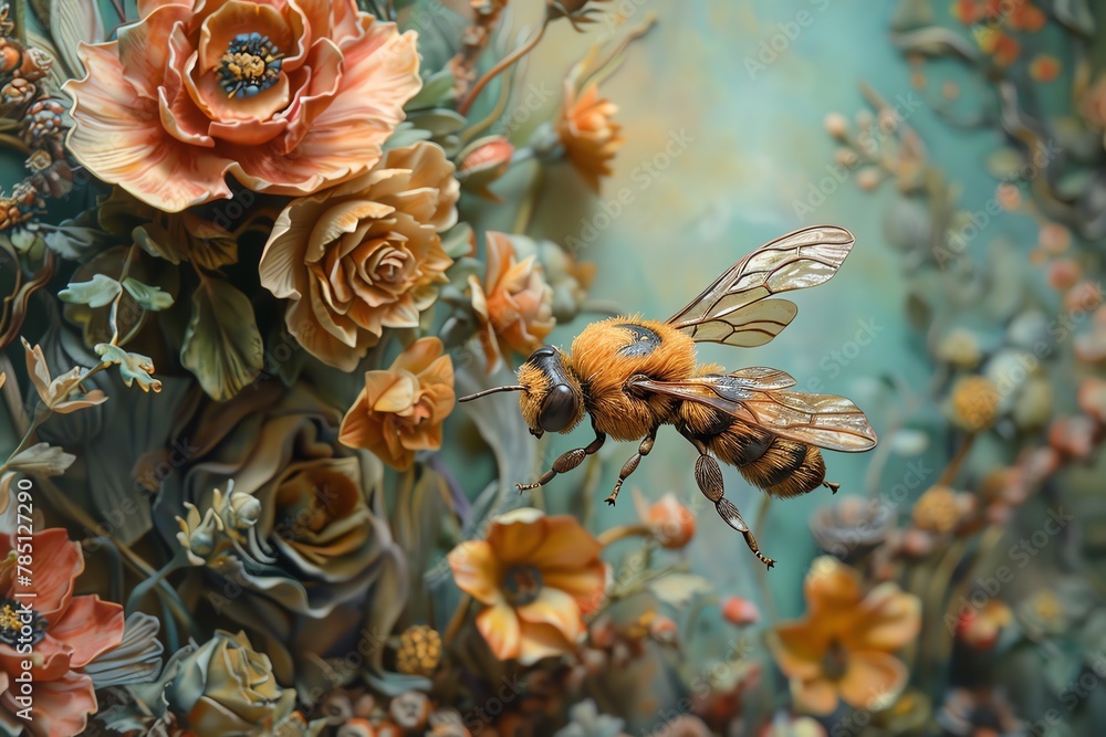 Craft a visually striking, detailed clay sculpture of a bee mid-flight ...