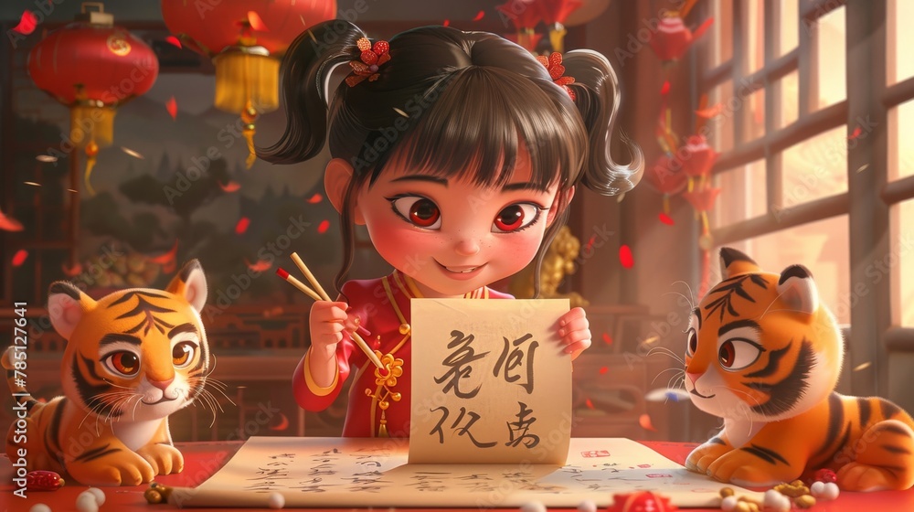 Two tigers helping a girl write calligraphy on a paper scroll as she ...