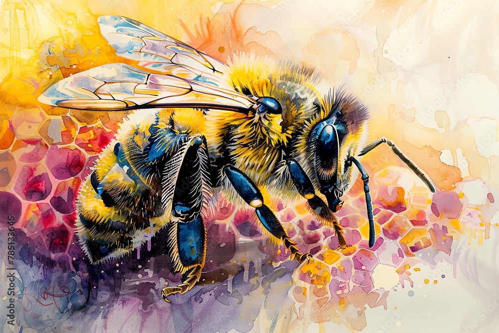 Capture a ferocious, detailed bee at a tilted angle, guarding a vibrant ...