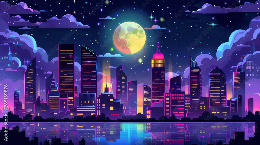 Full moon in a night sky. Modern illustration of sparkling skyscrapers ...