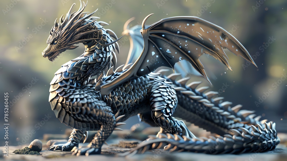 Craft a side view minimalist design of a majestic dragon, rendered in ...