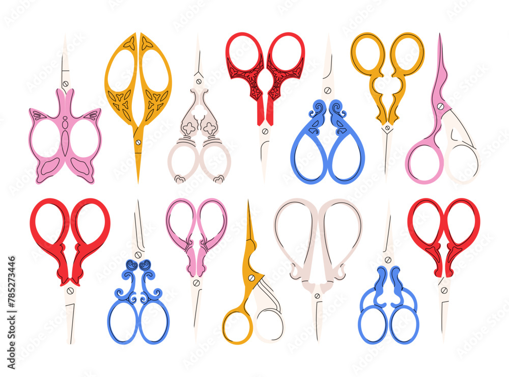 A row of scissors of different colors and designs. Scissors of ...