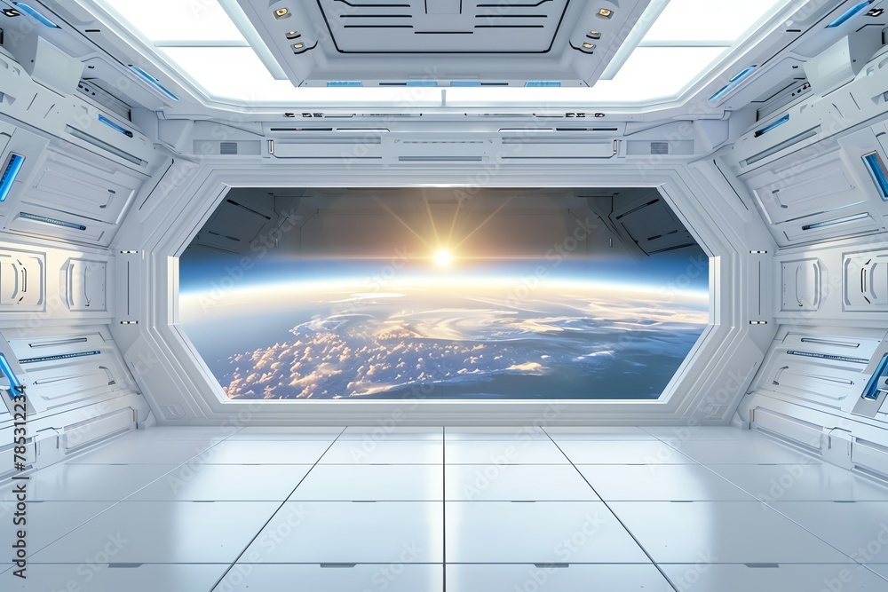A large window in the white space station with an earth view, the sun ...