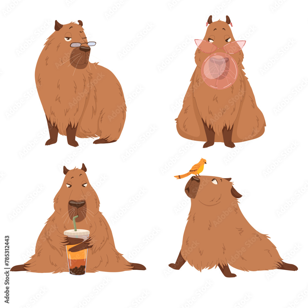 Vector set of funny capybaras. Cartoon capybara character design for mascot, sticker, print ...