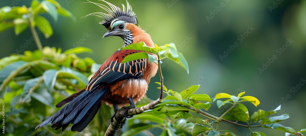 A hoatzin bird perched awkwardly on a limb, captured with a telephoto ...