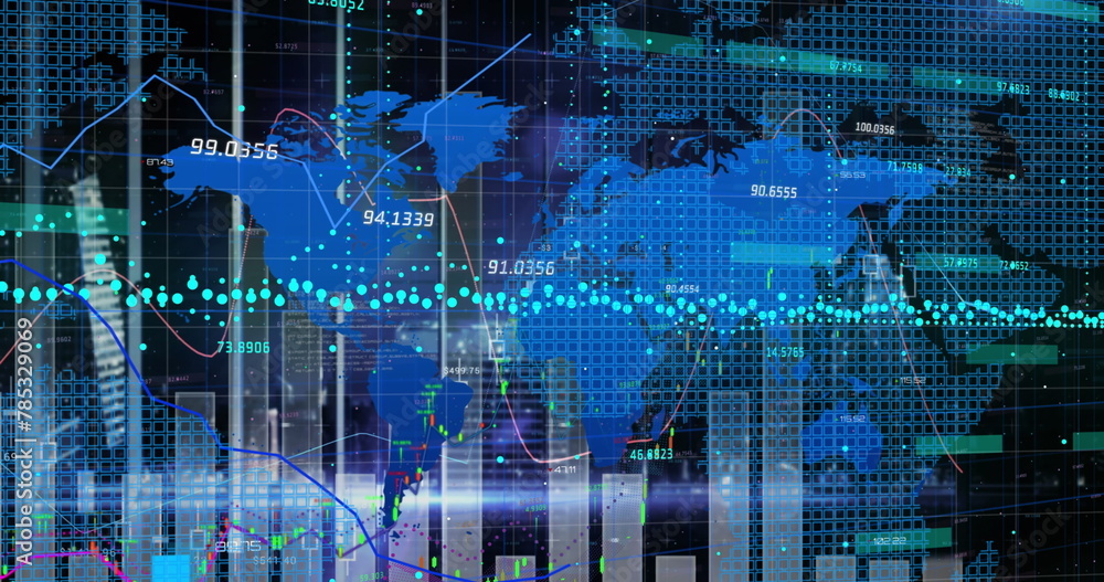 The image features a blue world map with various data points, a graph ...