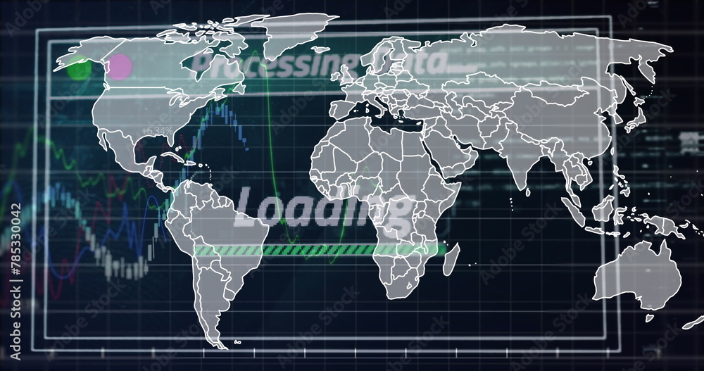 Image of map moving over digital screen with progressing data and ...
