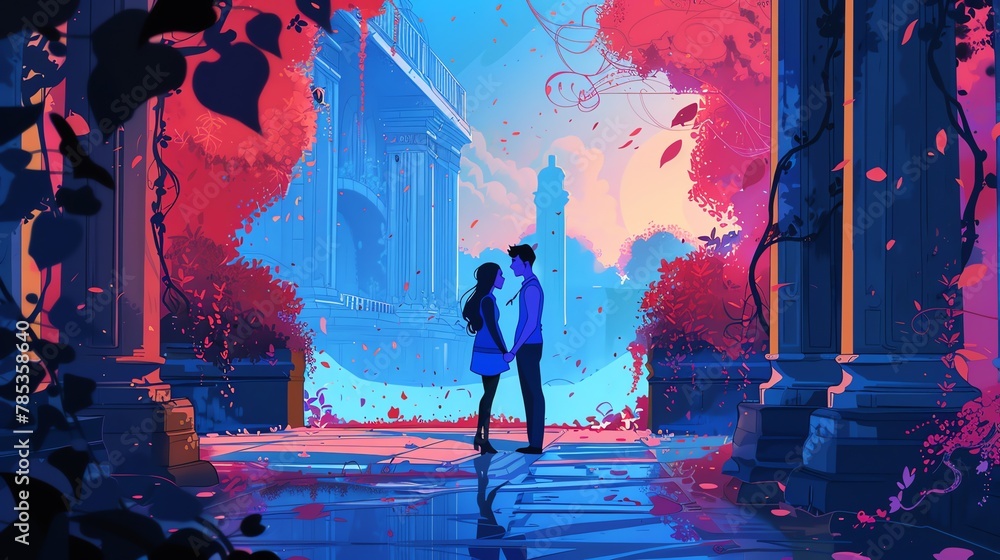 Illustrate a heartwarming romantic story unfolding in a futuristic ...