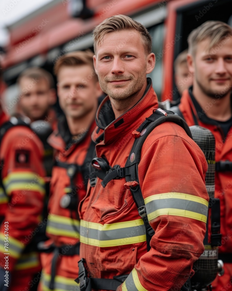 Portrait of dedicated firefighter with team dressed red uniform and ...