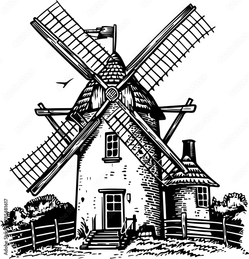 An illustration of a traditional windmill set against a hatched ...