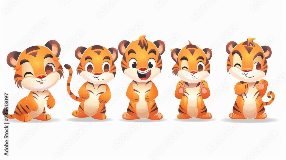 An adorable tiger cub cartoon character with a kawaii muzzle expressing ...