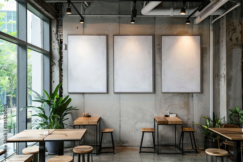 Mockup of blank frame in loft coffee shop interior, industrial style ...