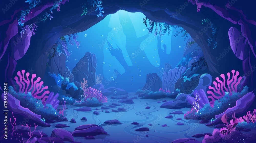 View of the seabed from inside an underwater cave. Cartoon illustration ...