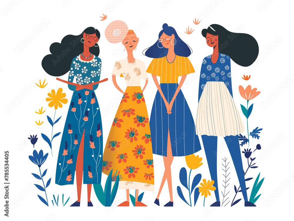 Flat illustration of women standing together, celebrating diversity and ...