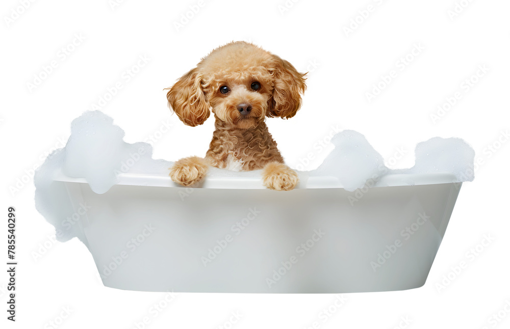 Cute Toy Poodle dog in a bath with foam, isolated on transparent ...