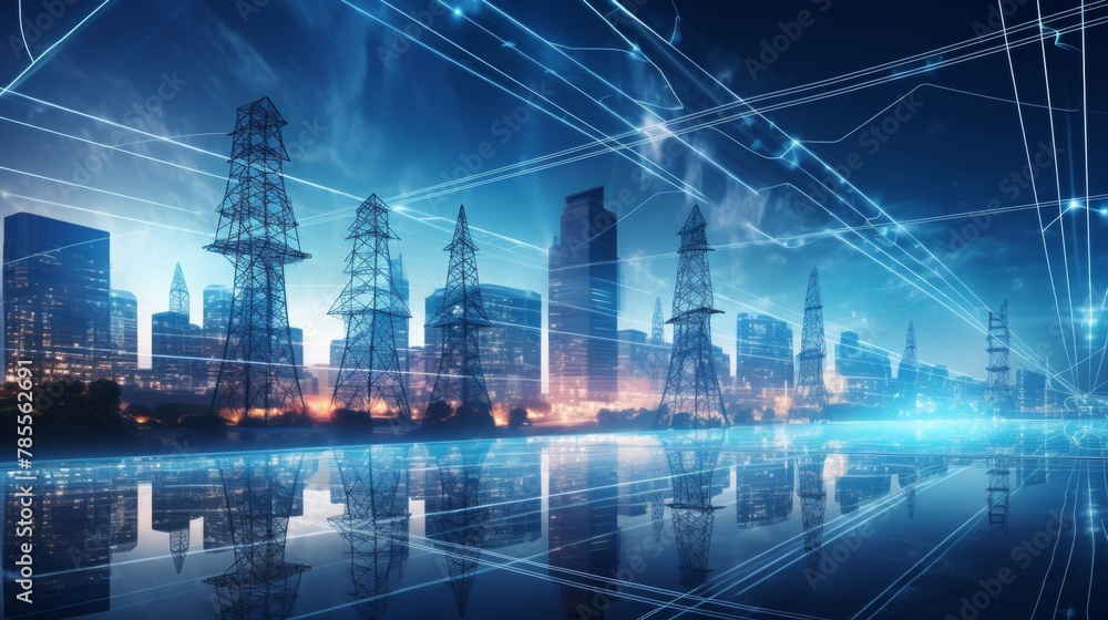 Urban high power poles connected to smart grid, energy supply, power ...