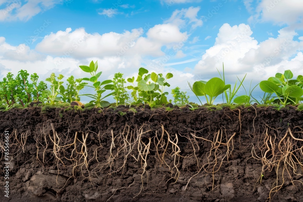Soil cross-section with varied plants and root systems under a blue sky ...