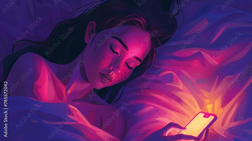 sleepy young woman exhausted in bed using smartphone at night social media addiction and ...