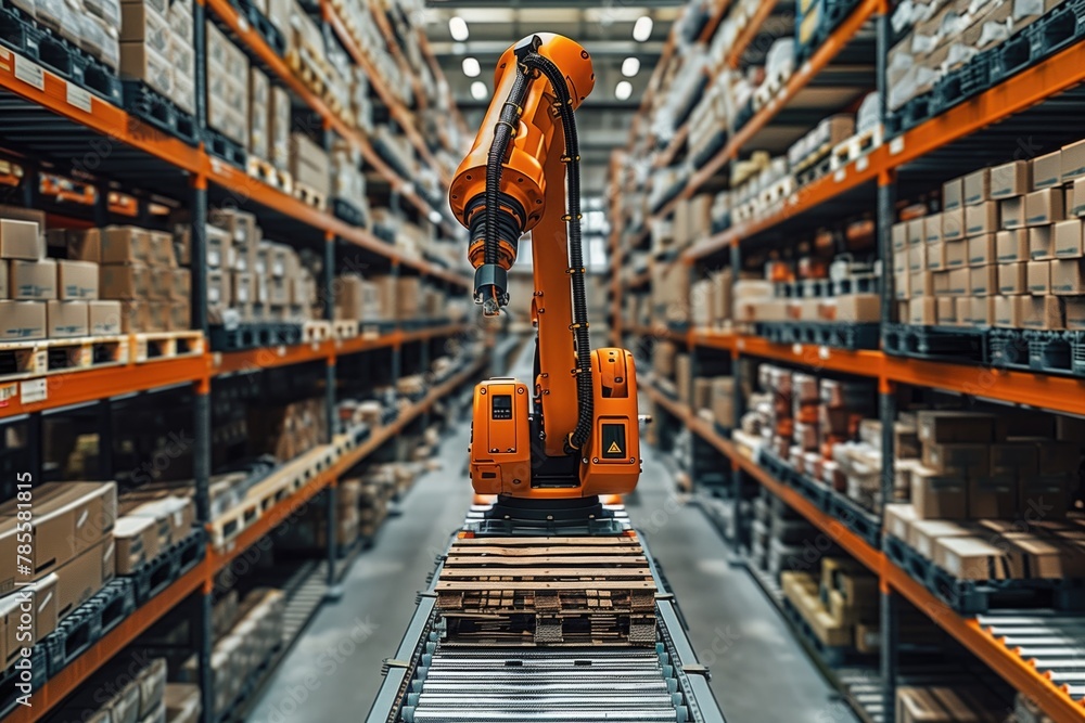 Robotic picking systems in action, with AI-guided robots swiftly selecting items from shelves ...