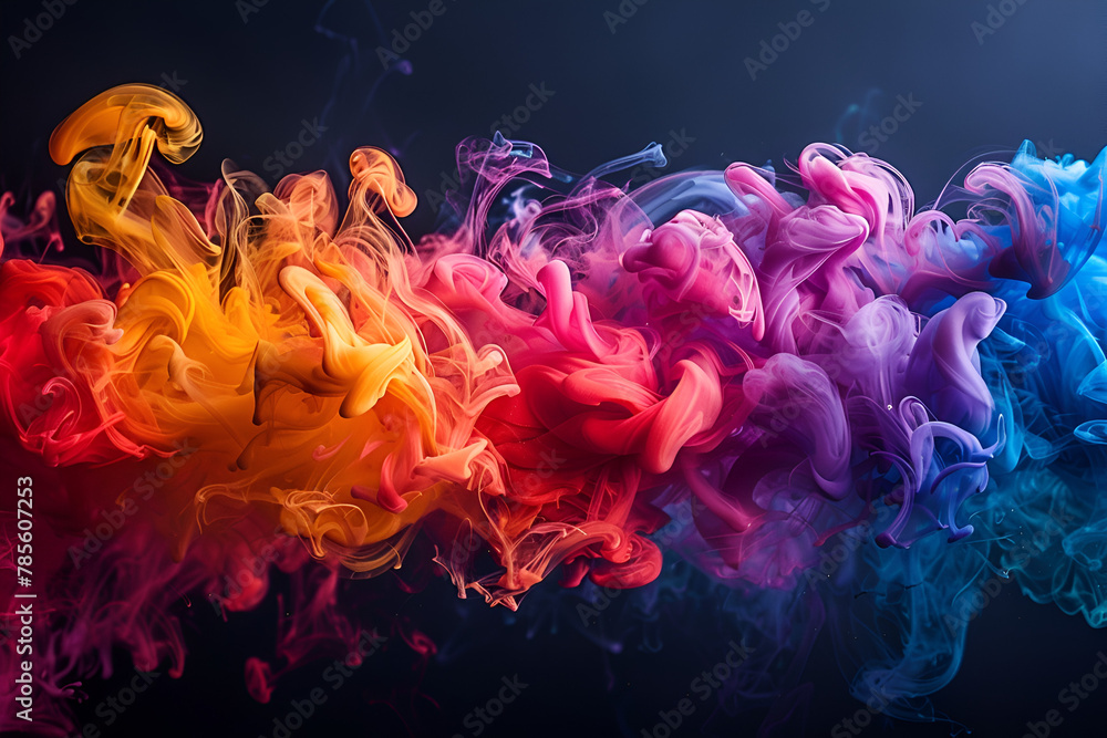 A colorful smoke trail with a rainbow of colors. The smoke is thick and ...