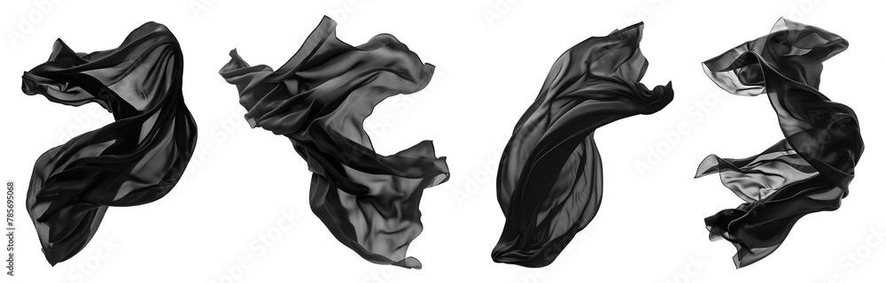Collection set of black silk satin cloth fabric floating flying in the ...