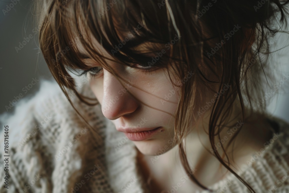 Portrait of a young woman looking sad and lost, seemingly afflicted by ...