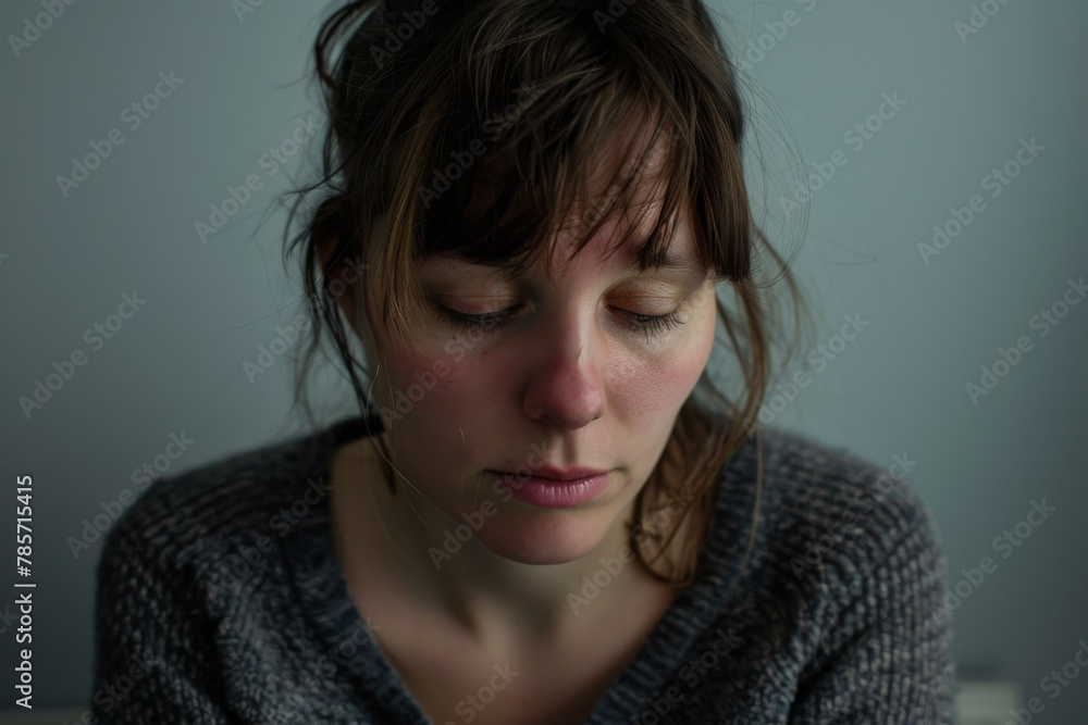 Portrait of a young woman with a tear-stained face, looking down with a ...