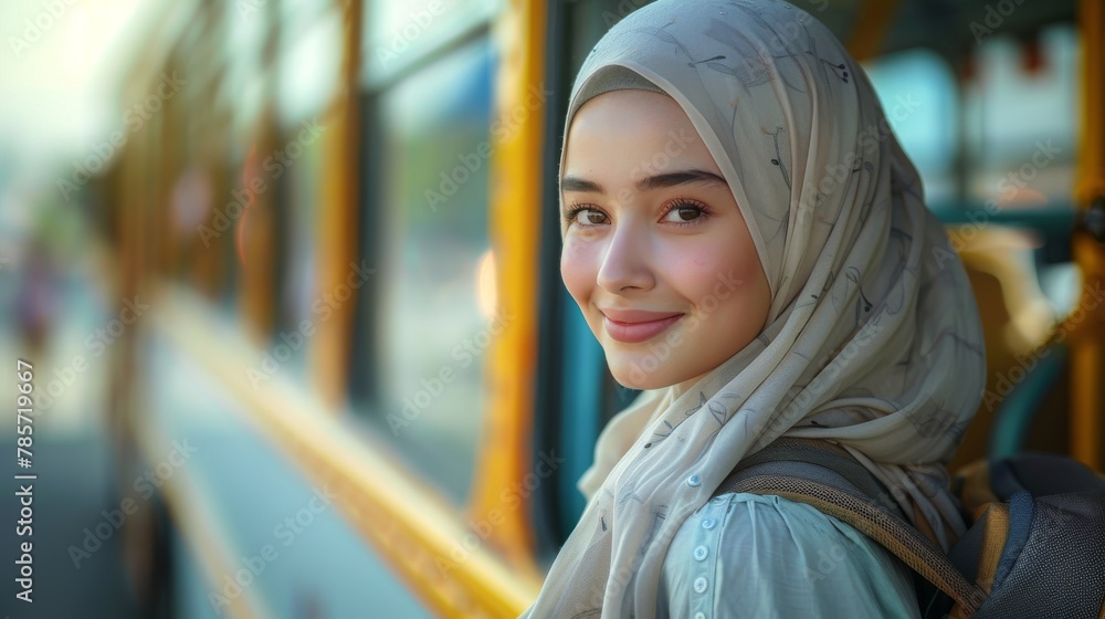 Smiling student muslim teenage girl ready to board school bus next to ...