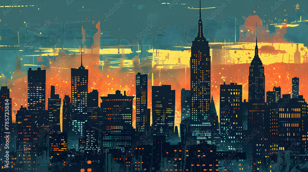 A city skyline depicted in a retro classic comics style, perfect for ...