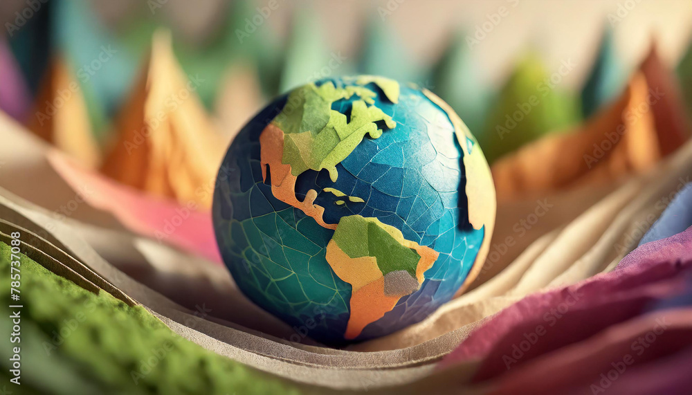 Mockup of planet Earth lying on colored origami papers background ...