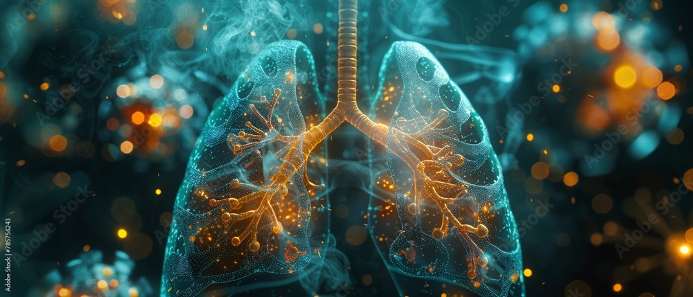 Closeup Futuristic medical scanner, lung with cancer Microscopic ...