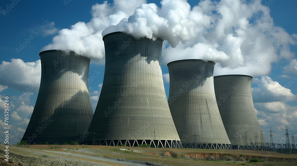 There are four cooling towers visible in the image. These cooling ...