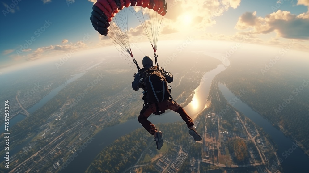 Parachuting. Paratroopers or parachutist free-falling and descending ...