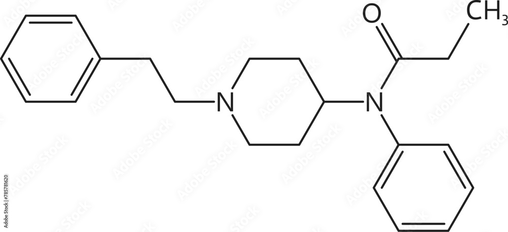 Fentanyl molecule, organic or synthetic drug structure formula. Illegal narcotic biochemical ...