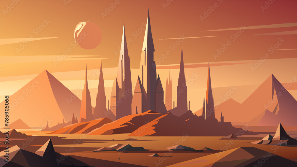 Beyond the horizon the jagged peaks of a crystal city rise from the ...