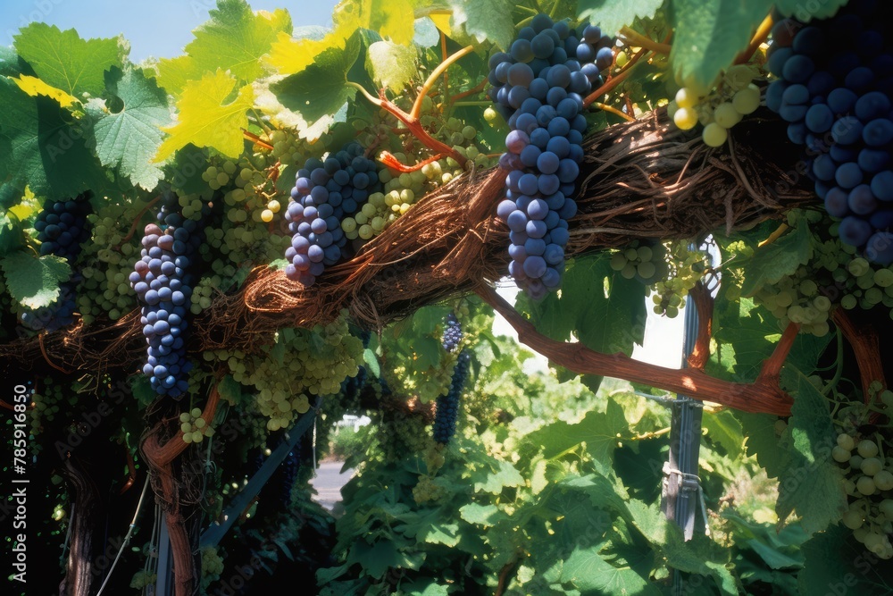 Grapevine Trellis: Grapes climbing up a trellis in a controlled ...