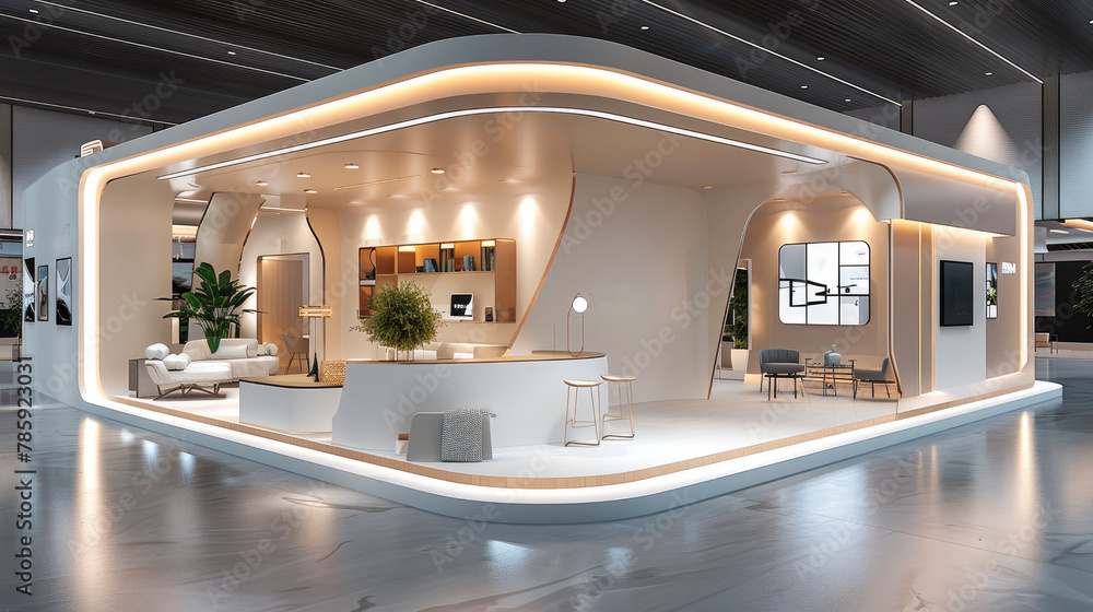 Design a 3D exhibition booth, Feature an entrance with a reception area ...