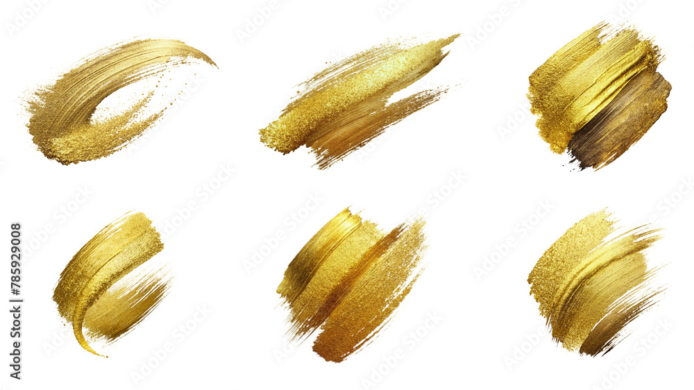 Set of realistic gold texture rough brush strokes isolated on ...