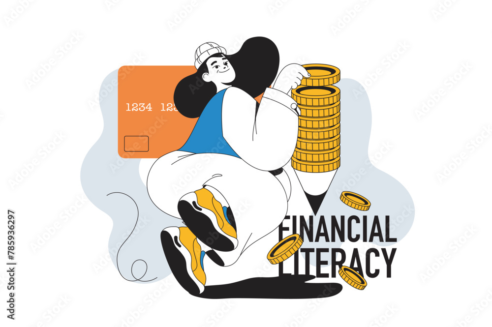 Financial literacy outline web modern concept in flat line design ...