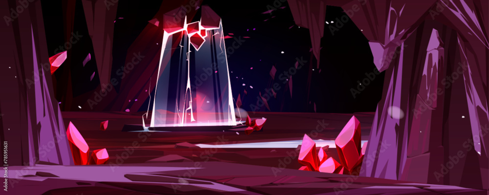Cave interior with magic portal and ruby crystals. Vector cartoon ...