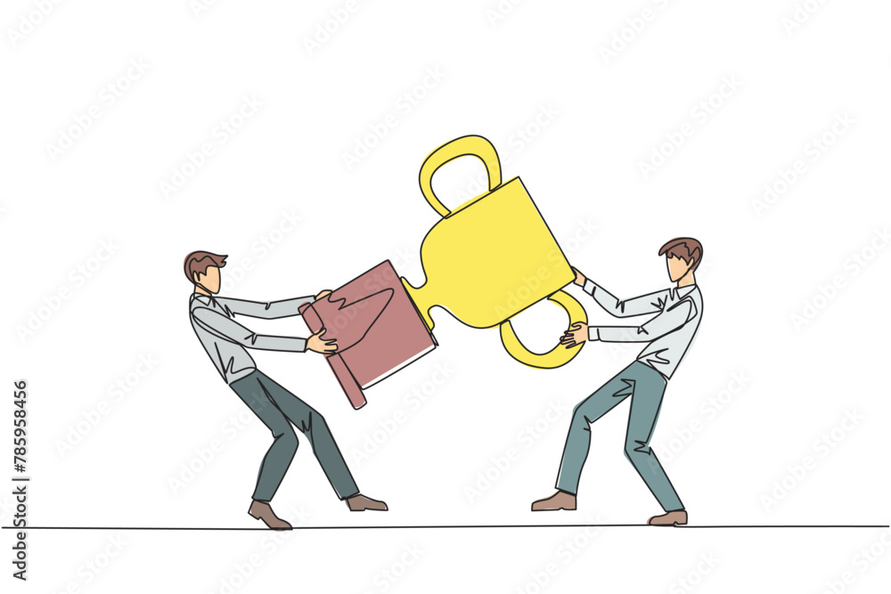Continuous one line drawing two businessman fighting over trophy. There ...