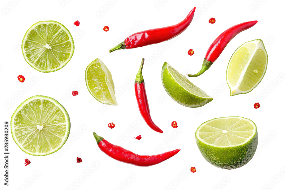 Lime cut and chili pepper break down .isolated on white background ...