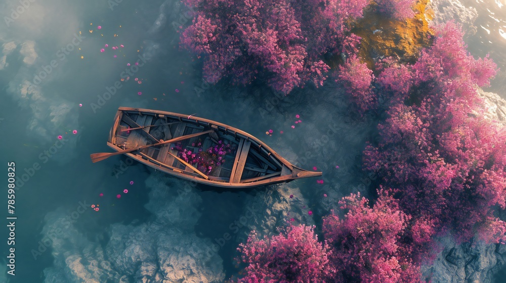 Stock-Foto „ariel view of a lone rustic boat in the hot and cold water ...