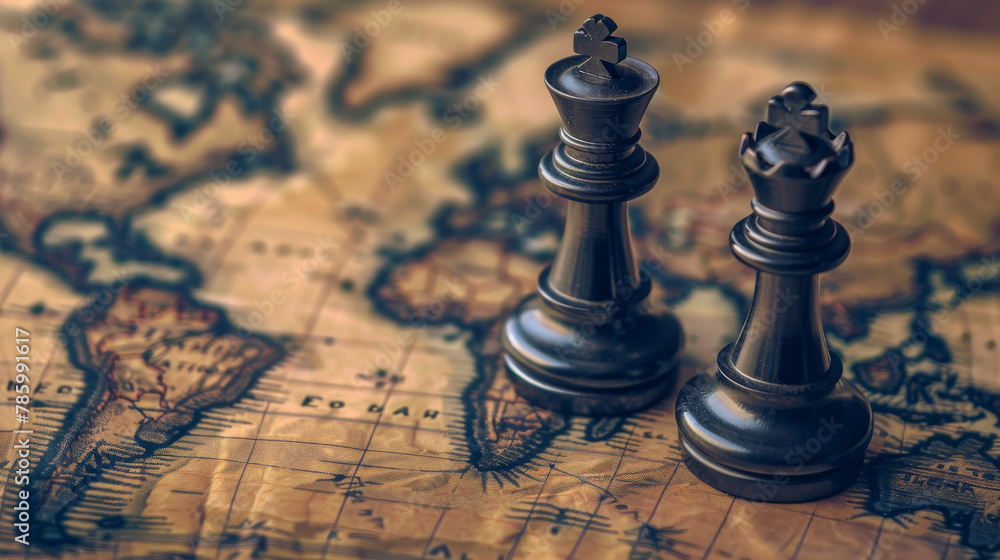 Geopolitics concept image with two chess pieces on a world map ...