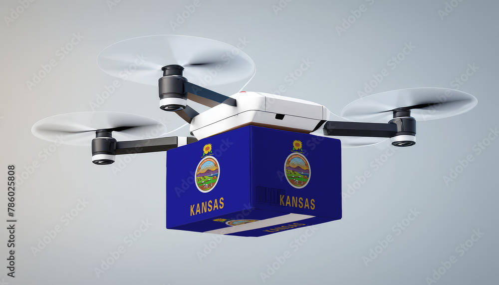 Aerial view of drone delivery. A UAV transporting a box with the Kansas ...